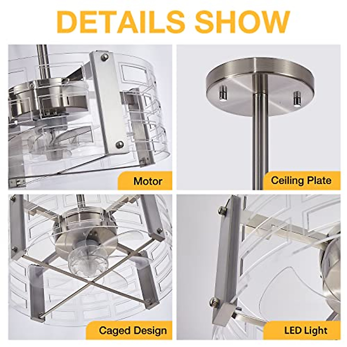 Ceiling Fans with Lights Remote Control, Modern Enclosed Ceiling Fan, Flush Mount Caged Low Profile Ceiling Fan Light Kit with Dimmable LED Light & 6 Speeds Reversible Blades Timing for Living Room