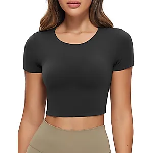 CRZ YOGA Womens Butterluxe Double Lined Short Sleeve Crop Tops Crew Neck Casual Workout T-Shirt Cute Basic Tee Black Small
