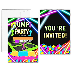 KFNER Jump Birthday Invitations, Neon Glow Trampoline Birthday Party Invitation Card, Bounce House Birthday Party Favors & Celebration Supplies(20 Set of Invitations with Envelopes)-C10