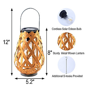 Solar Metal Woven Lanterns Outdoor - 12" Waterproof Hanging Cordless Lantern with Edison Bulb for Farmhouse Yard Patio Garden