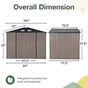 OC Orange-Casual 8 x 6 FT Outdoor Storage Shed, Metal Garden Tool Shed, Outside Sheds & Outdoor Storage Galvanized Steel w/Lockable Door for Backyard, Patio, Lawn, Brown