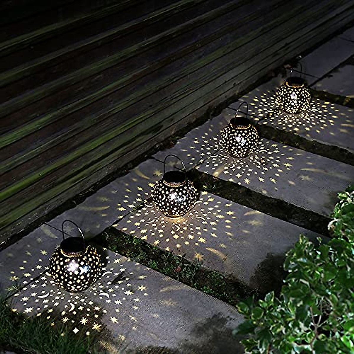 Esgarden 2 Pcs Solar Outdoor Lantern Star Moon Halloween Decorative Hanging Lanterns Light Outside Patio Table Lamp Metal Waterproof Garden Courtyard Walkway Terrace Lawn Gift Halloween Bronze