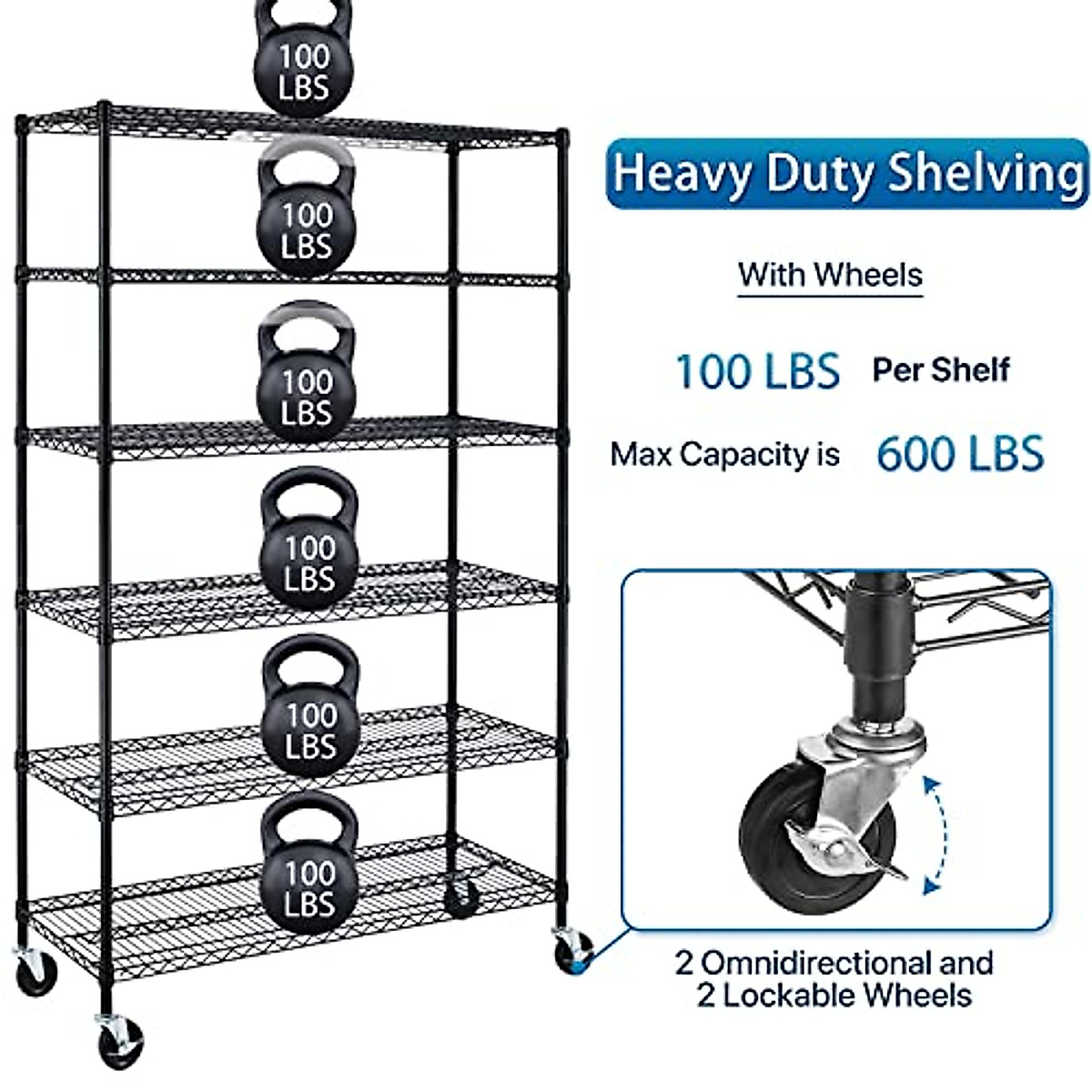 6000Lbs Capacity Heavy Duty Shelving, 6 Tier Wire Shelving Unit on Wheels, NSF Certified Adjustable Storage Shelves Rack for Garage Pantry Basement (18"x 48"x 76", Black) (Black)