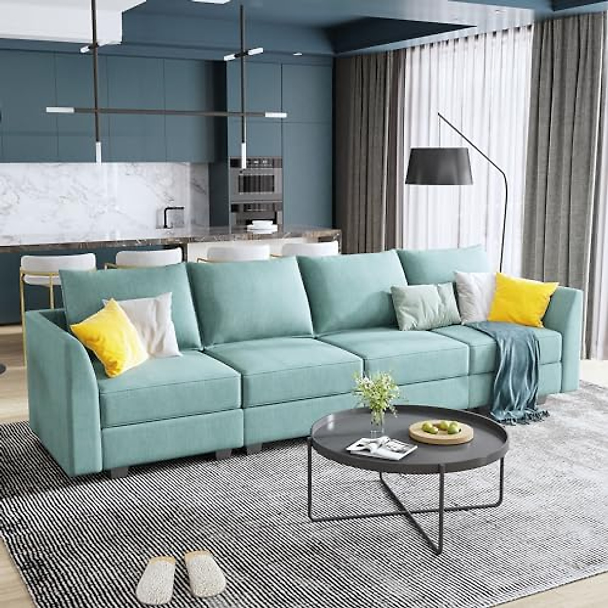 HONBAY 102'' Modular Sofa Couch Upholstered Fabric Sofa with Storage Seats 4 Piece Sofa for Living Room, Aqua Blue