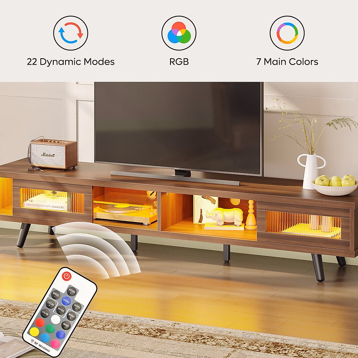 Bestier Mid Century Modern TV Stand for 75 inch TV, LED Entertainment Center with Storage and Sliding Doors, Low Profile TV Consoles for Living Room, Ancona Walnut