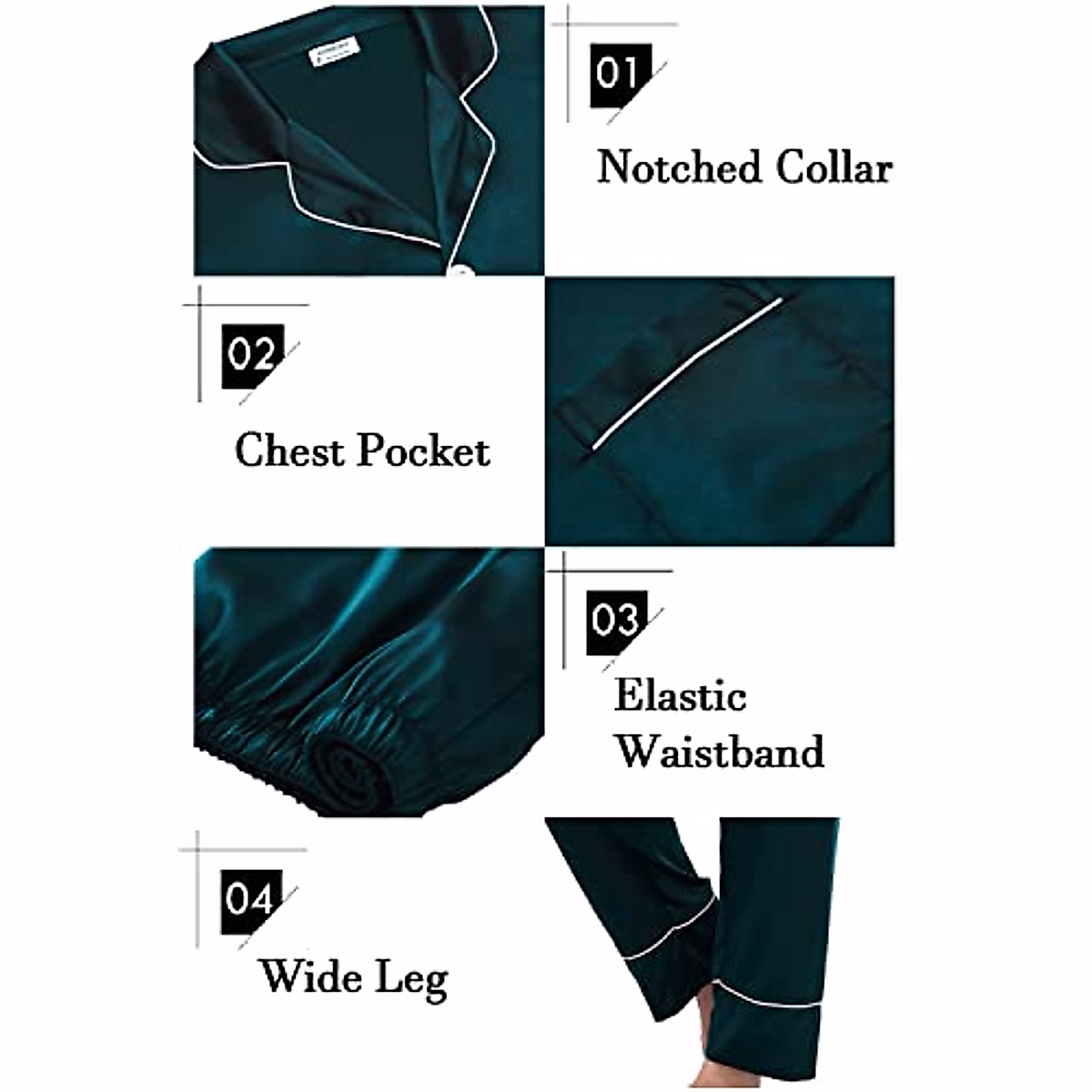 SWOMOG Women's Silk Satin Pajamas Loungewear Two-piece Sleepwear Button-Down Pj Set S-XXL Deep Green