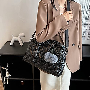 JQWYGB Nylon Tote Bags for Women - Trendy Puffer Tote Bag Purse Soft Padded Cotton Quilted Crossbody Handbag with Cute Pompom Pendant