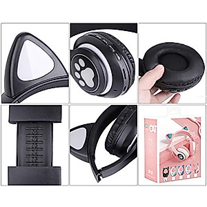TCJJ Wireless Headphones Cat Ear LED Light Up Bluetooth Foldable Headphones Over Ear w/Microphone for Online Distant Learning (Black)