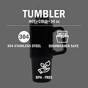 Envie 30 oz Tumbler Mug with Lid and Straw, Reusable Insulated Mug with Handle, Stainless Steel Tumbler for Iced & Hot Beverages, Black