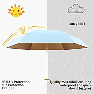 TIME LOVER Sun & Rain Travel Umbrellas with 99% UV Protection for Girls and Women,UPF 50+ Mini Capsule Umbrella Lightweight and Windproof Umbrella,Portable backpack storage,Cyan
