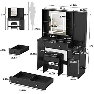 Vanity Table with Mirror, Lights and Charging Station - Glass Top Vanity with 3 Drawers, Jewelry Cabinet and Sliding Door, 42.8 Inches