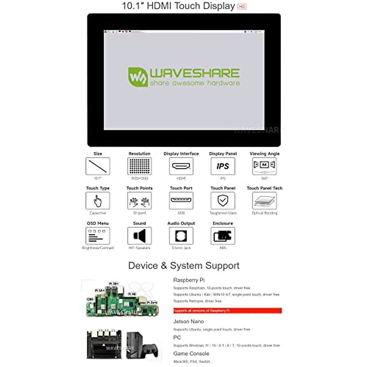 waveshare 10.1inch HD Capacitive Touch Screen LCD Compatible with Raspberry Pi 4B/3B+/3A+/2B/B+/A+/Zero/Zero W/WH/Zero 2W CM3+/4 1920×1200 Resolution HDMI IPS Supports Windows/Jetson Nano