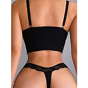 WDIRARA Women's Floral Lace Mesh Bow Scallop Trim Underwire Lingerie Set Black S