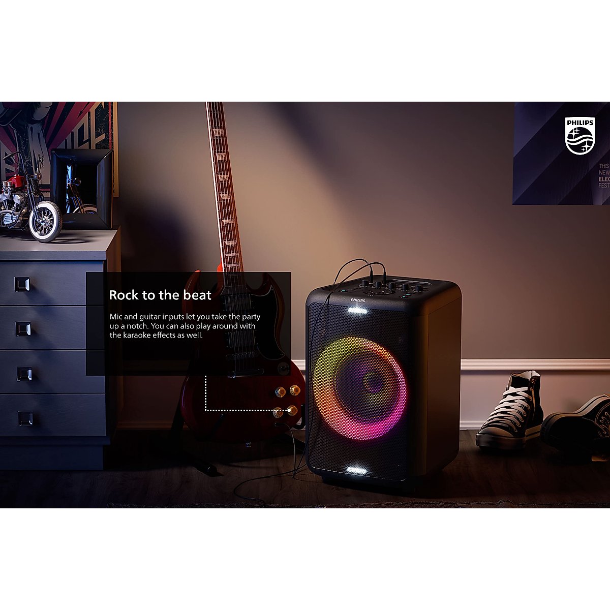 PHILIPS X3206 Bluetooth Party Speaker with Deep bass, Up to 14 Hours Battery, Party Lights and Karaoke Effects, Microphone and Guitar Input, Audio-in, USB Charging, Built-in Trolley, TAX3206
