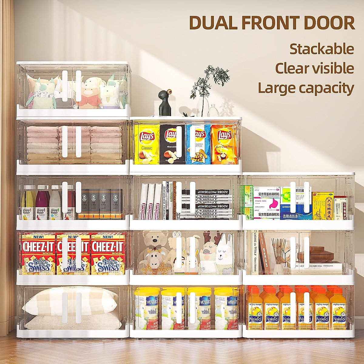 Storage Bins with Lids, 11 Gal Collapsible Storage Bins With Lids - Plastic Storage Bins with Lids, Large Closet Organizers and Storage, Double Door Stackable Storage Bins for Clothes (4 Pack)