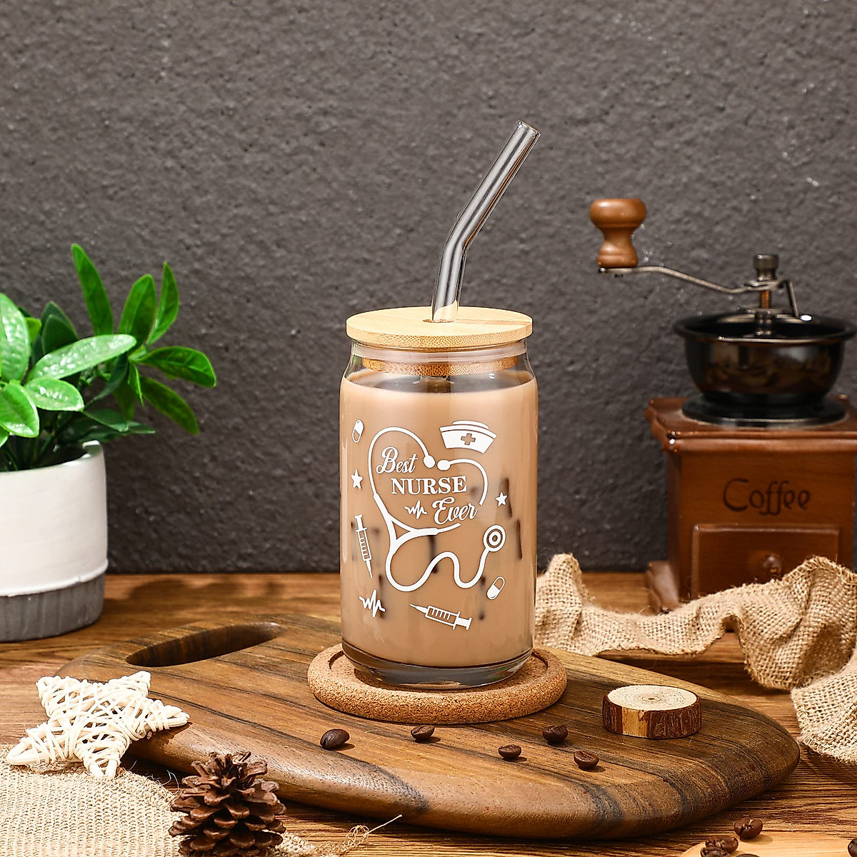 Roshtia Best Nurse Gifts for Women 16 Oz Nurse Glass Cups Mason Jar with Bamboo Lid Glass Straw Nurse Appreciation Gifts Can Cup Tumbler Drinking Bottle for Nursing Birthday Christmas Gift