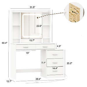 Rovaurx Vanity Table with Jewelry Organizer, Makeup Vanity with Mirror and 3-Color Lights, Vanity Desk with Charging Station, Bedroom Dressing Table, 5 Drawers and Side Cabinet, White RSZT110W