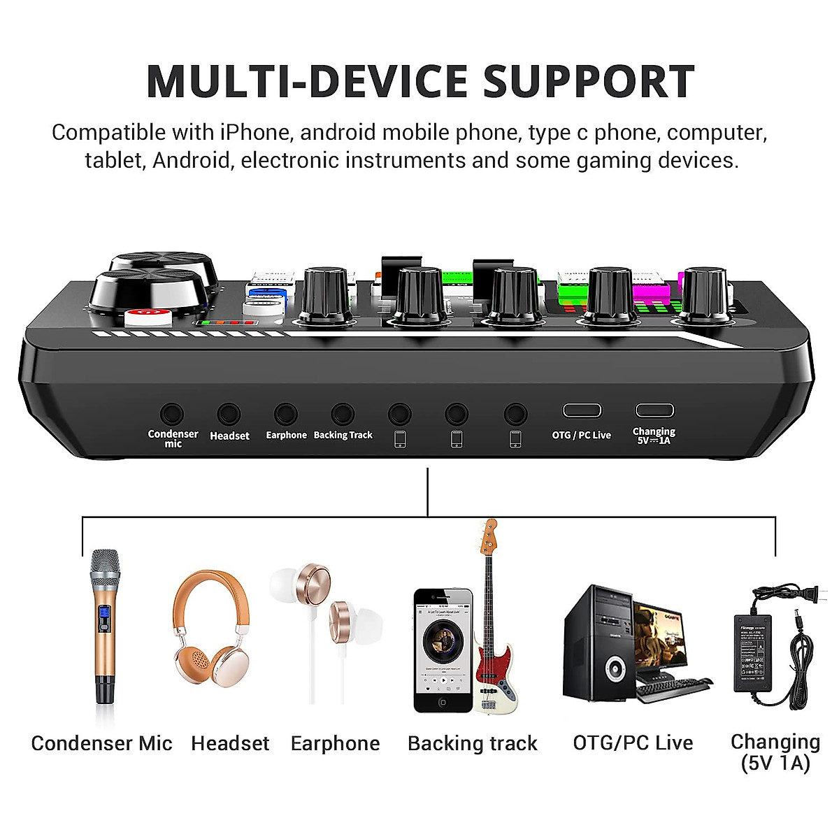 Facmogu F998 Live Sound Card Audio Mixer, Podcast Audio Interface with DJ Mixer Effects, Voice Changer with Sound Effects for Karaoke Tiktok YouTube Live Streaming Record Gaming