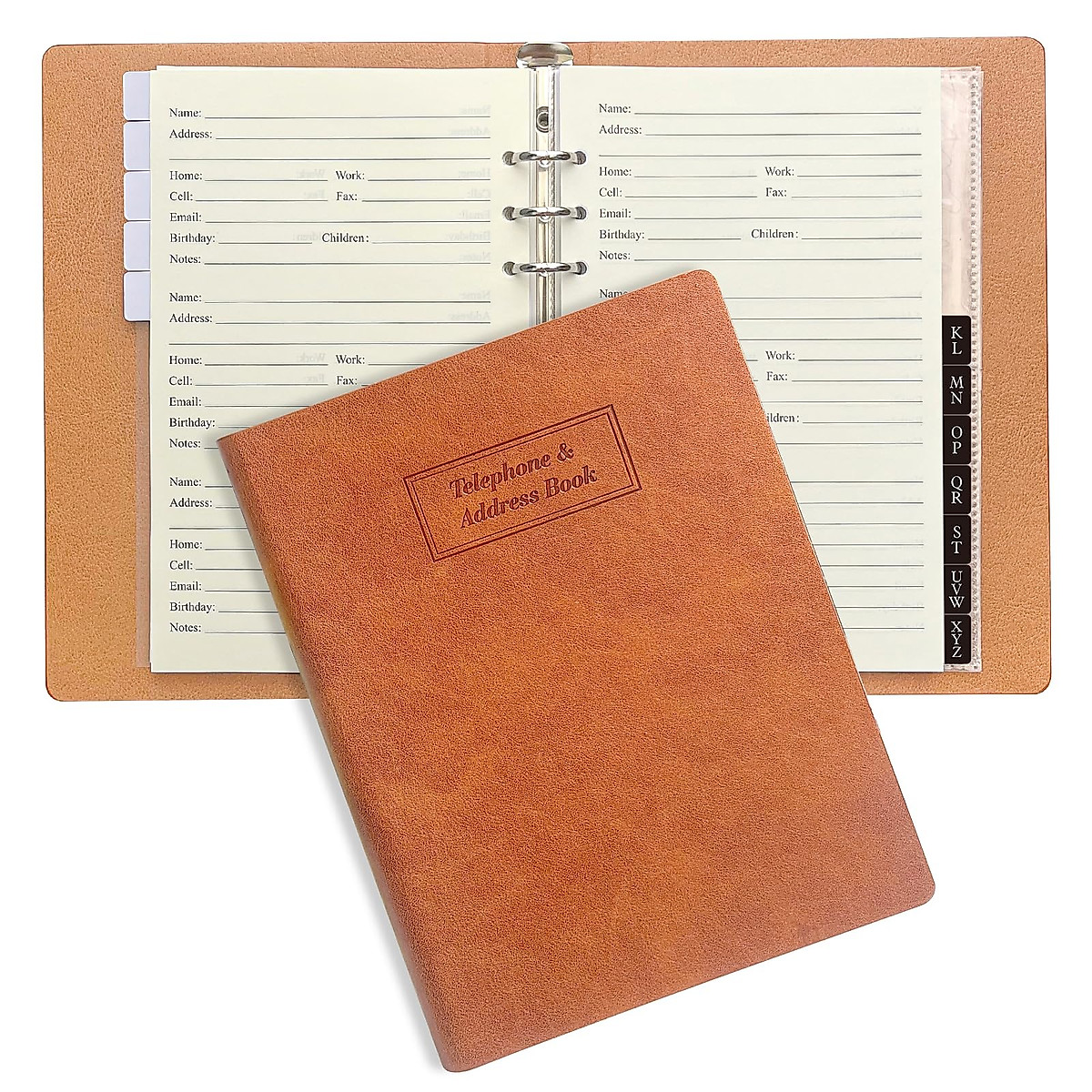 Happyaokeland Refillable Address Book with Alphabetical Tabs, Hardcover Phone Book 648 Contact Book w/Pockets, Large Print Address Books for Seniors, A5, Brown