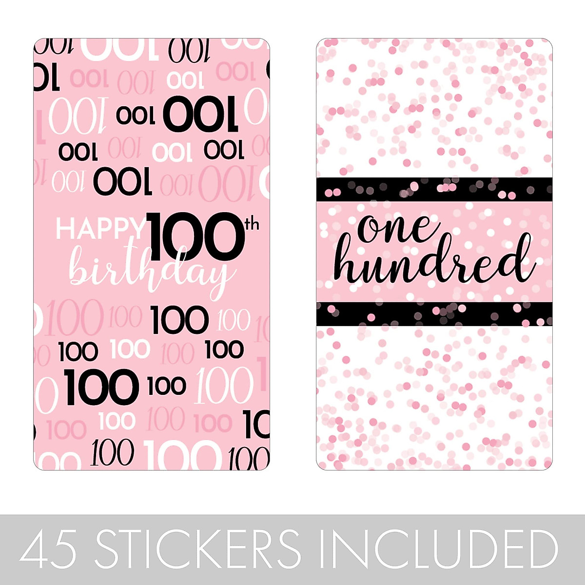 DISTINCTIVS Pink, Black, and White 100th Birthday Party Mini Candy Bar Wrappers - 45 Count - Pink Birthday Decorations for Women