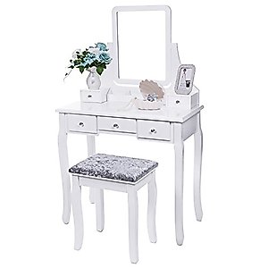 BEWISHOME Vanity Set with Mirror & Cushioned Stool Dressing Table Vanity Makeup Table 5 Drawers 2 Dividers Movable Organizers White FST01W
