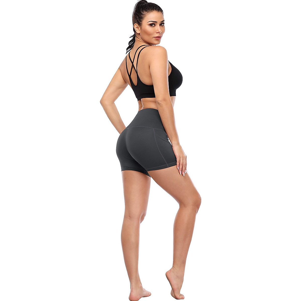 CADMUS High Waist Athletic Shorts for Womens Yoga Fitness Workout Running Shorts with Deep Pockets,3 Pack,1016,Black & Grey & Wine Red,Large