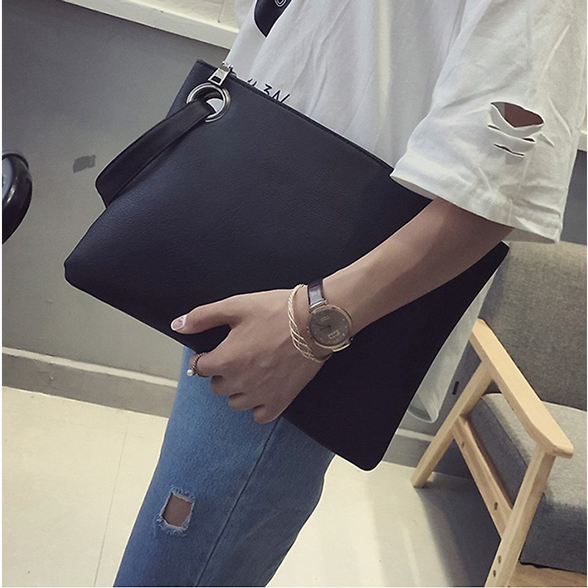 Hycurey Oversized Clutch Bag Purse and Handbag Womens Large PU Leather Evening Wristlet Handbags Black
