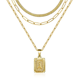 JoycuFF Layered Necklaces for Women, Initial 18K Gold Plated Paperclip Necklaces Herringbone Chain Simple Cute Letter Pendent Gold Initial Necklaces A
