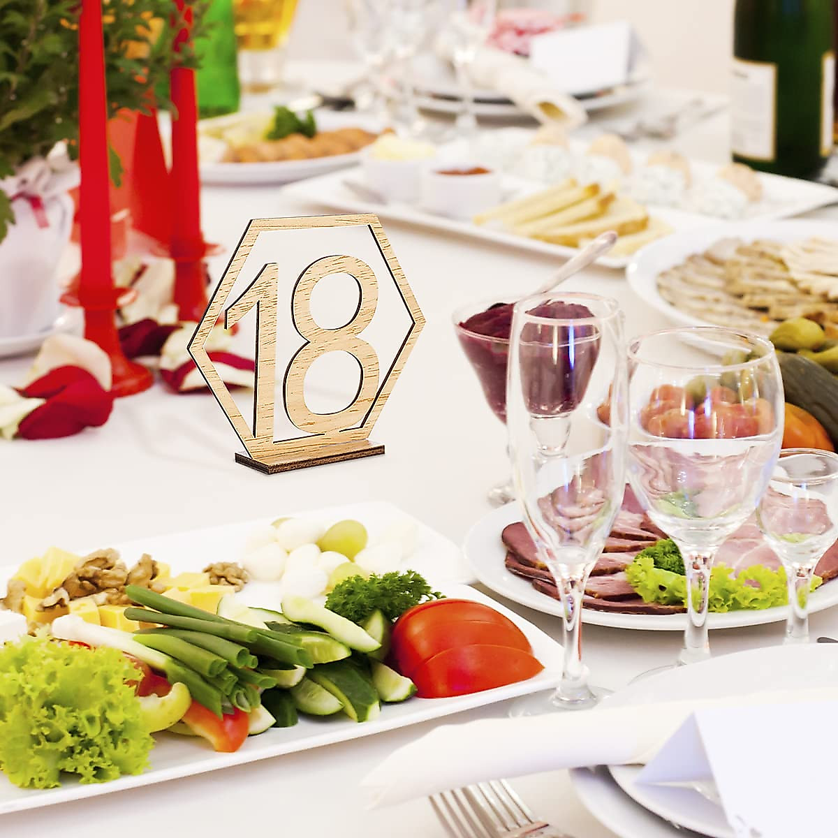 BravOne Wooden Table Numbers, Hexagon Shape 1-20 Wedding Table Numbers with Holder Base Rustic Hollow Out Wood Table Numbers Card for Wedding Party Event Catering Decoration (Hexagon)