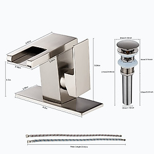 Skybathjoy LED Bathroom Sink Faucet Waterfall with Drian Assembly 1 Hole Brushed Nickel Single Hole Handle RV Bath Vanity Faucets for Sinks 1 Hole Water Supply Lines, Stainless Steel Spout