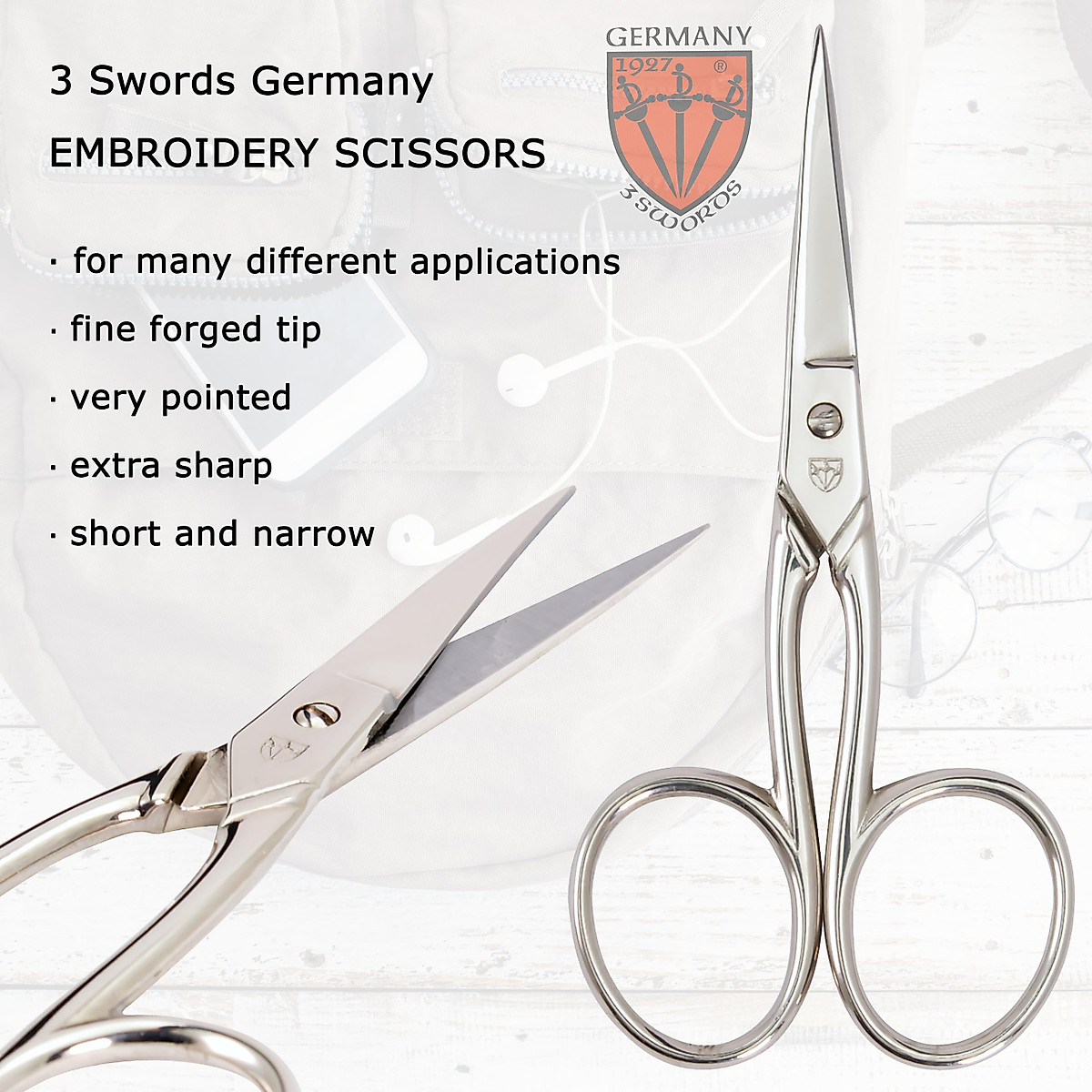 3 Swords Germany - Embroidery Scissors, Shears for Art Work, Daily Use in Household, Sewing, Art Work, Craft with black Synthetic Leather case