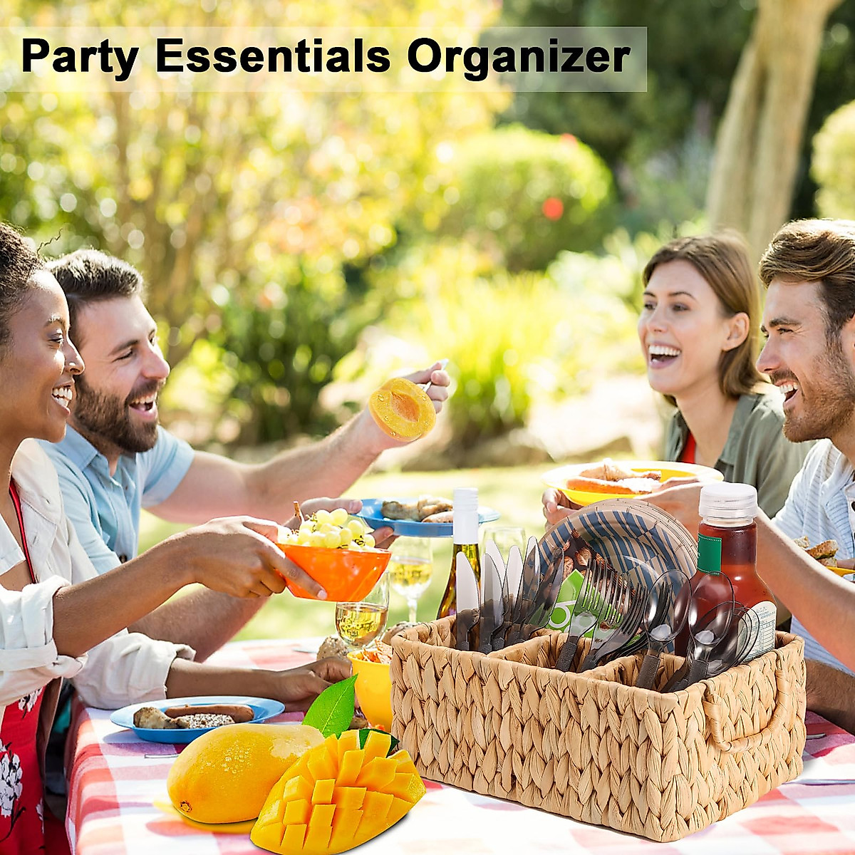 Niuirt Wicker Party Silverware Caddy, Water Hyacinth Plastic Cutlery Utensil Holder, Hand Woven with Handles, Kitchen Countertop and Picnic flatware Organizer (4 compartments)