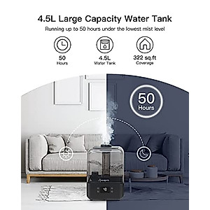 Humidifier for Bedroom Large Room, MORENTO 4.5L Top Fill Cool Mist Humidifier for Baby and Plants, Essential Oil Diffuser, Last up to 50Hrs with Night Light, Humidity Setting, Auto Shut-Off, Black