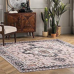 nuLOOM Sasha Machine Washable Medallion Ultra Thin Area Rug, 5x8, Pink