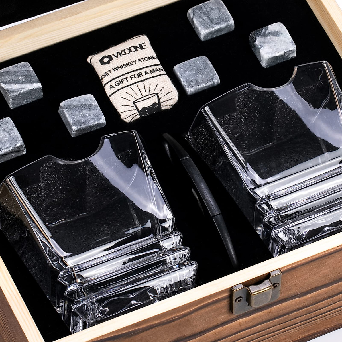VKDONE Whiskey Glasses Gift Set of 2 Old Fashioned Crystal Square Glass, Whiskey Stone, Tongs, Velvet Pouch and Cutter, Great Gifts for Men, Dad, Husband, Whiskey Lover