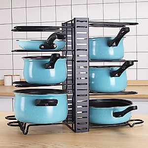 Felibeaco Adjustable Pots and Pans Organizer Rack for Cabinet, Metal Pans Pots Lids Storage Holder Rack under Cabinet with 3 DIY Methods, Pot Rack with 8 Tiers for Kitchen,Counter,Black,