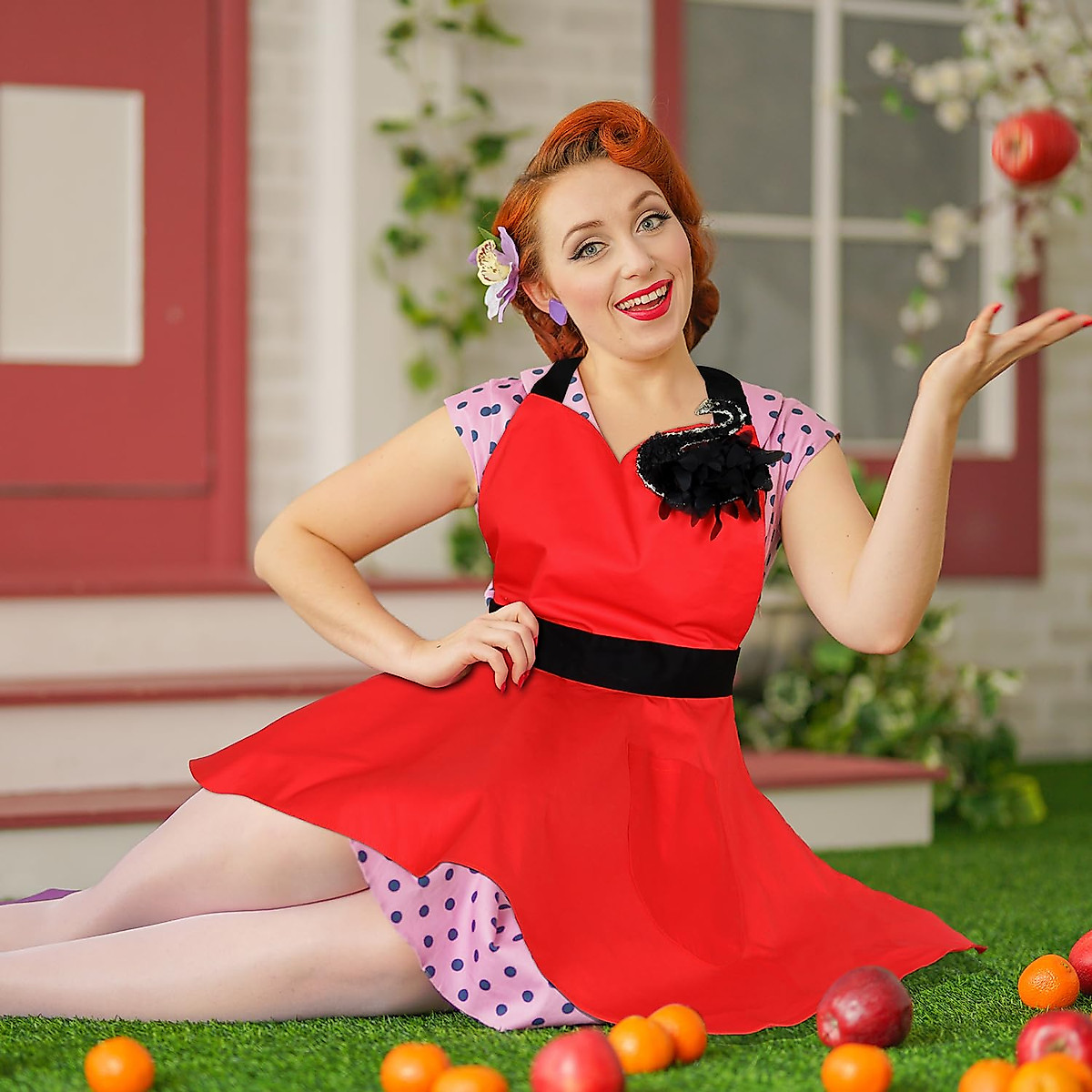 Violet Mist Lovely Sweetheart Retro Kitchen Aprons Women Girl Red Ladies Cute Apron Vintage Apron Christmas Apron 1950s French Maid Cotton Cooking Apron Adjustable Waist Mom Party Gift