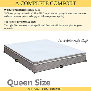 Mattress Solution Medium Plush Eurotop Pillowtop Innerspring Mattress and 8" Metal Boxspring/Foundation Set, with Frame, Queen Size, White and gold