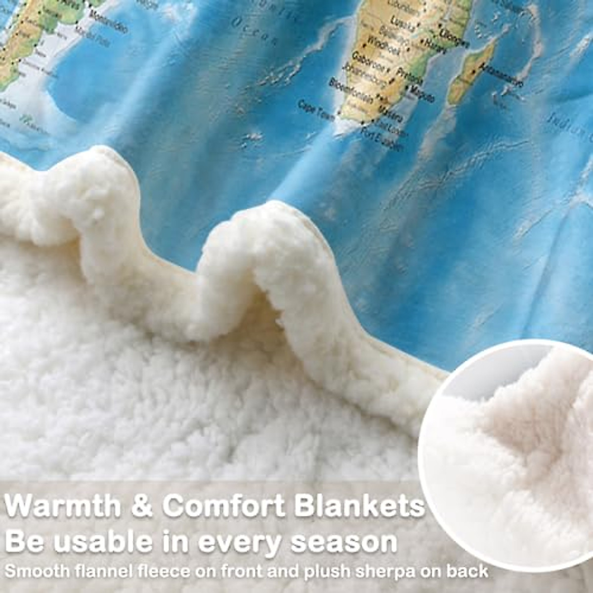 Sleepwish Map Fleece Blanket Blue Throw Blanket Soft Kids Throw Blanket Thick Plush Blanket Vivid 3D Print Map of The World Sherpa Blankets for Teens Kids Boys Girls 50x60 Inches