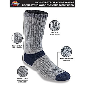 Dickies Men's Dri-Tech Temperature Regulating Wool Blended Work Crew Socks Multipack, Navy Heather (6 Pairs), Shoe Size: 6-12