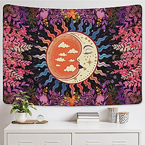 Uspring Moon Garden Tapestry Plants Flowers Tapestries Moon and Stars Tapestry Mandala Wall Tapestry Mystical Colorful Tapestry Wall Hanging for Room (36 × 48 inches)