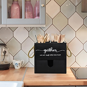 Updesign Silverware Caddy with Drawer, Flatware Organizer for Kitchen Countertop, Utensil Holder with Napkin Holder, Multifunctional Kitchen Cutlery Organizer for Forks, Knives, Spoons, Napkins, Cups