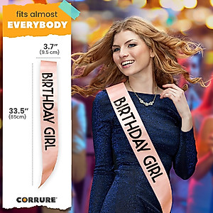 CORRURE 'Birthday Girl' Sash with Black Foil - Soft Satin Rose Gold Sash for Women - Birthday Sash for Happy 16th 18th 21st 25th 30th 40th 50th or Any Other Bday - Great Party Supplies and Decorations