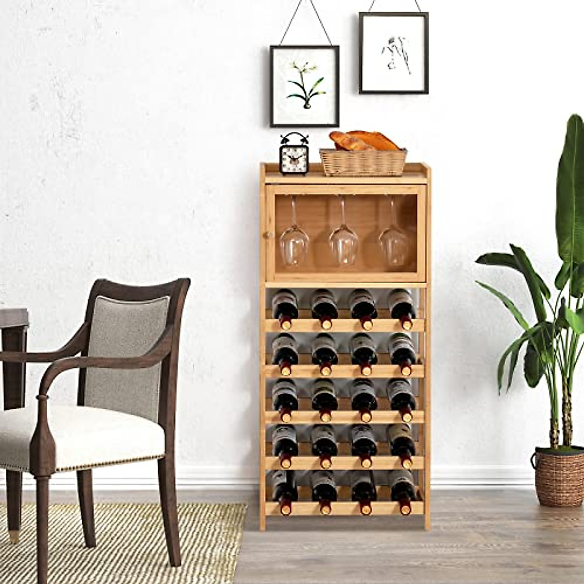 COSTWAY Freestanding Wine Rack, 20-Bottle Wine Display Shelf w/ 100% Bamboo Material, Glass Holder, Transparent Cabinet Door, Vertical Wine Bar Cabinet Organizer for Kitchen, Pantry, Home Bar