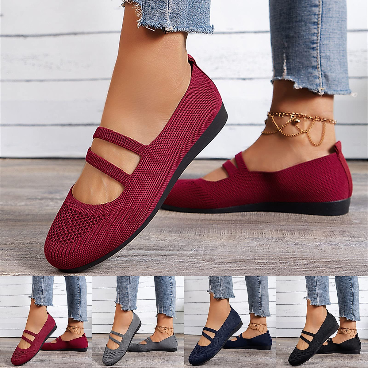 BLShaoJ Mesh Flat Heel Shoes for Women Slip On Solid Color Round Toe Shallow Mouth Casual Shoes Comfortable Dressy Breathable Outdoors Fashion Walk Knitting Sandals Wine