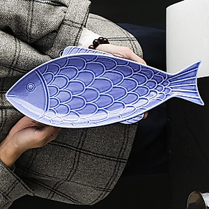 CHUANGRUN Fish Shaped Plate, 15 Inch Ceramic Fish Plate, Large Blue Serving Platter, Snack Storage Serving Platter, for Restaurants Home Kitchen Accessories