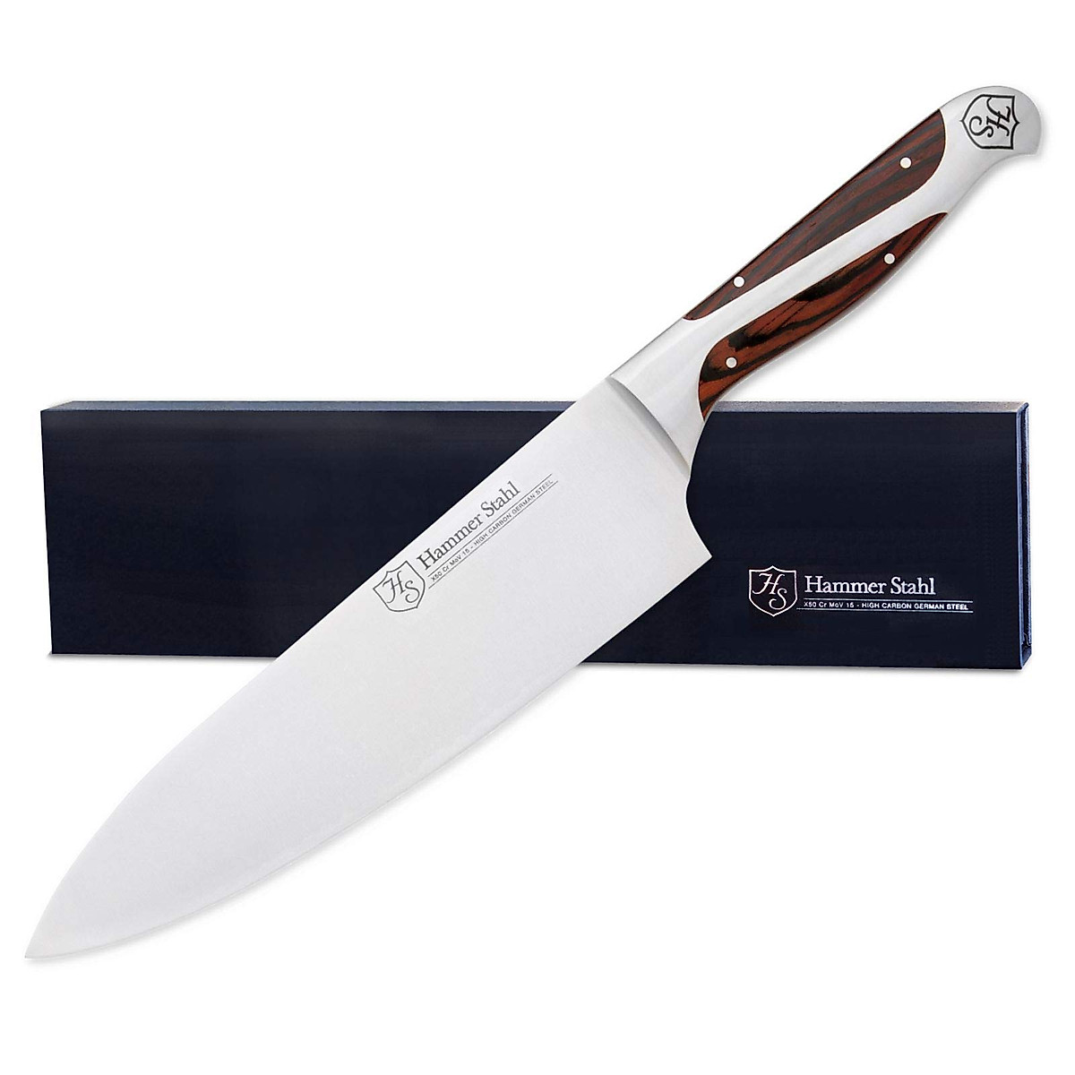 Hammer Stahl 8-Inch High Carbon Chef Knife | Versatile Cooking Knife for Chopping, Slicing & Precision Cutting | German Forged Sharp Kitchen Knife | Ergonomic Quad-Tang Pakkawood Handle & Gift Box