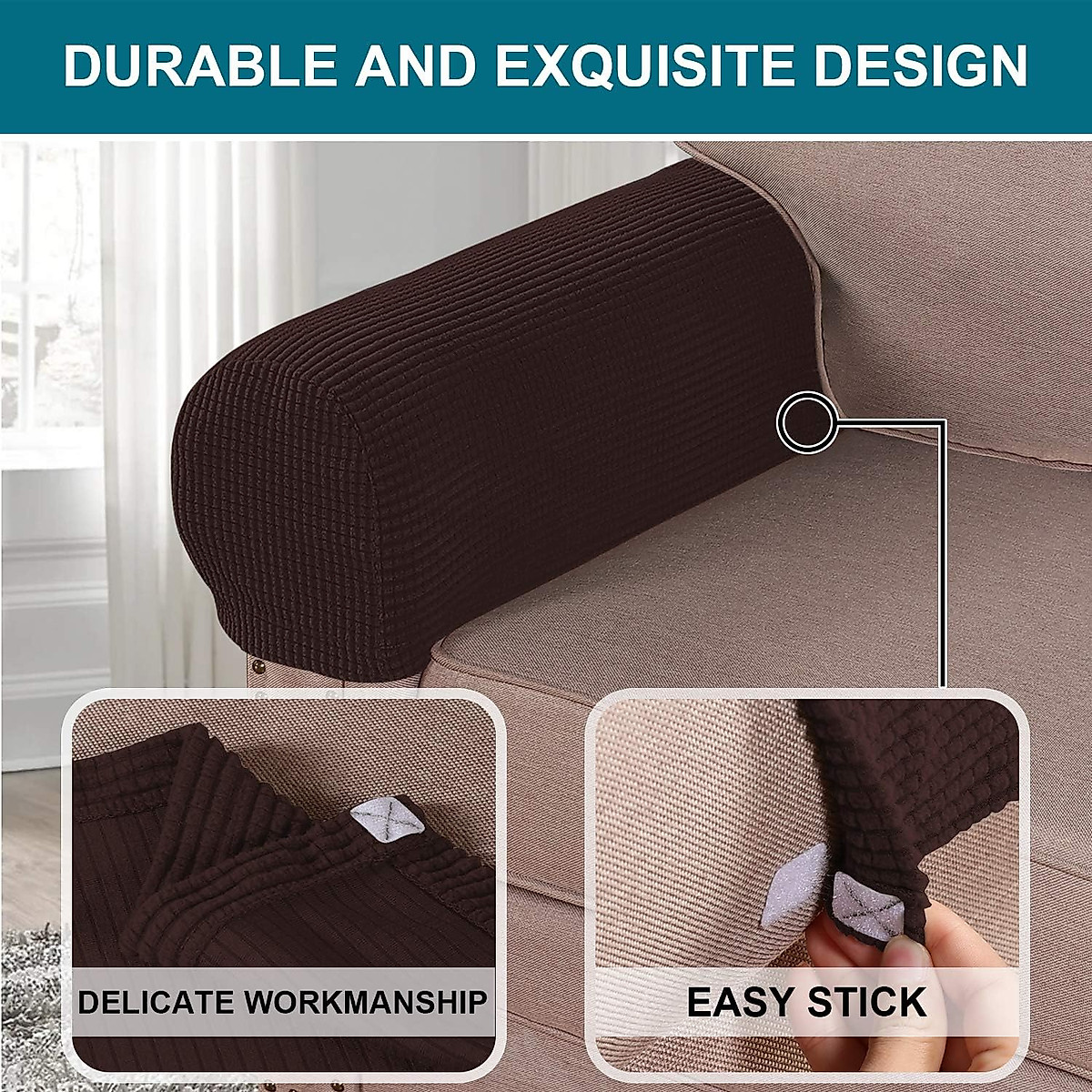 Turquoize Stretch Armrest Covers for Chairs and Sofas Couch Arm Covers for Sofa Spandex Jacquard Armrest Covers Anti-Slip Furniture Protector Washable Armchair Slipcovers for Recliner Set of 2, Brown