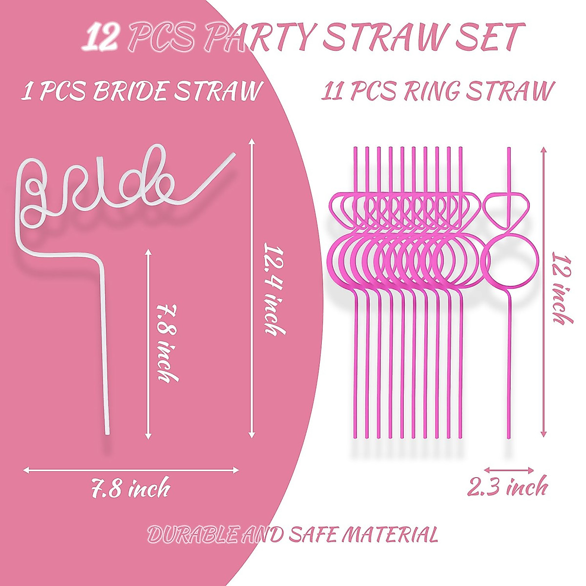 Bachelorette Party Decorations Straws Set 12 Pcs, Vulgbunee Bride Party Supplies,11 Diamond Ring (Pink) and 1 Bride Straw (White)