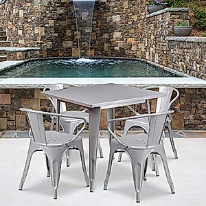 EMMA + OLIVER Commercial Grade 31.5" Square Silver Metal Indoor-Outdoor Table Set-4 Arm Chairs